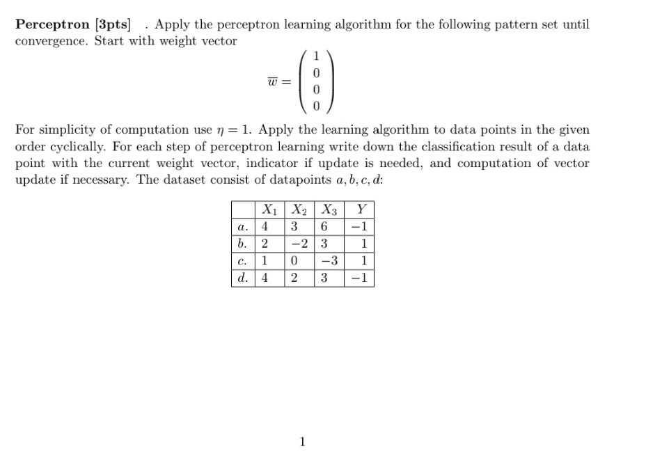 Perceptron (3pts] . Apply the perceptron learning | Chegg.com