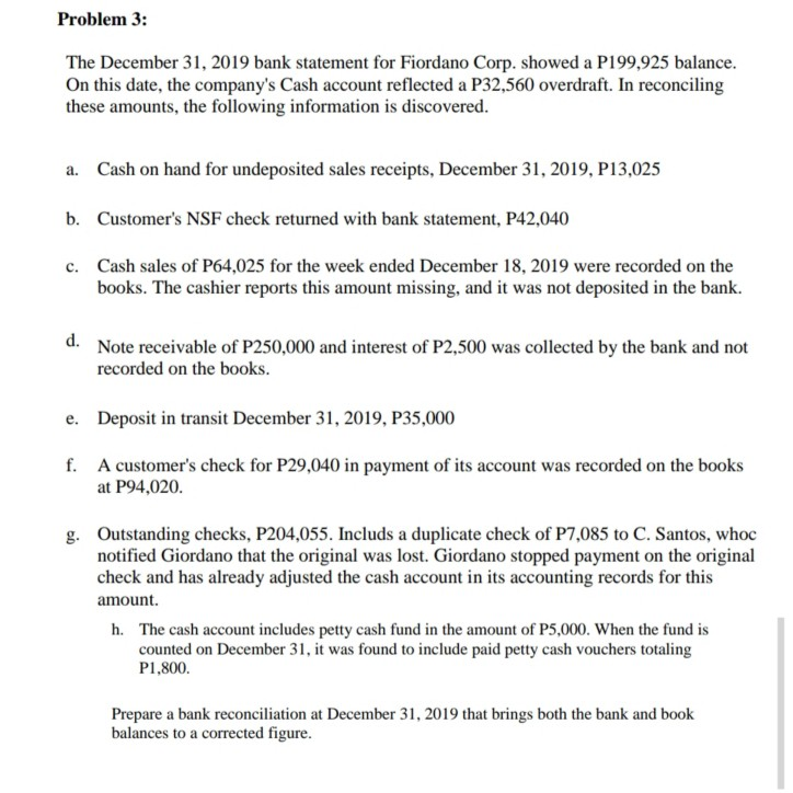 Solved Problem 3: The December 31, 2019 bank statement for | Chegg.com