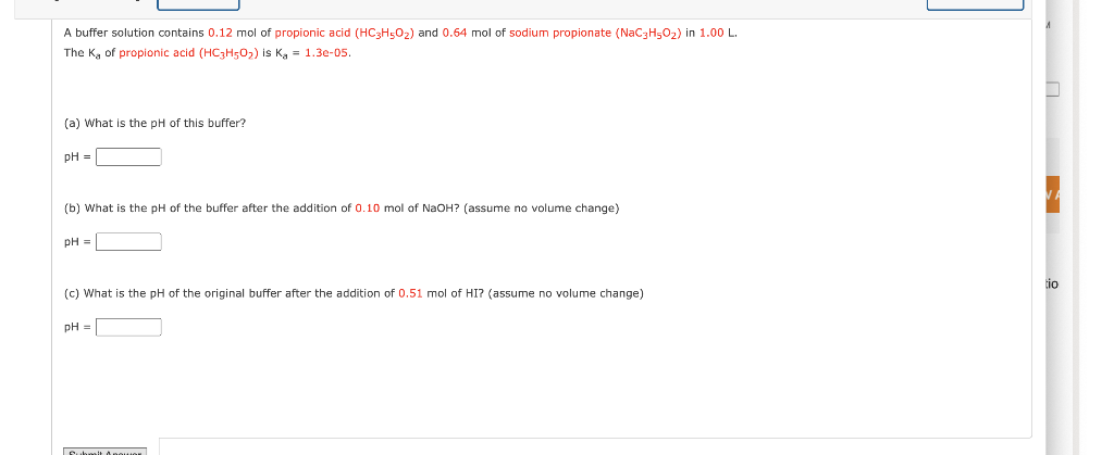 Solved A buffer solution contains 0.12 mol of propionic acid | Chegg.com