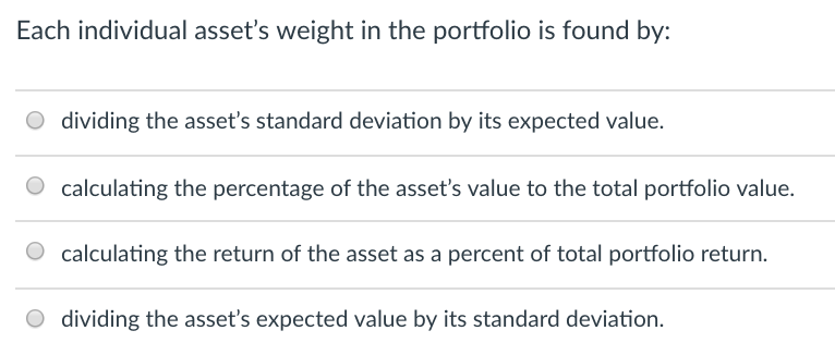 Solved Each individual asset's weight in the portfolio is | Chegg.com