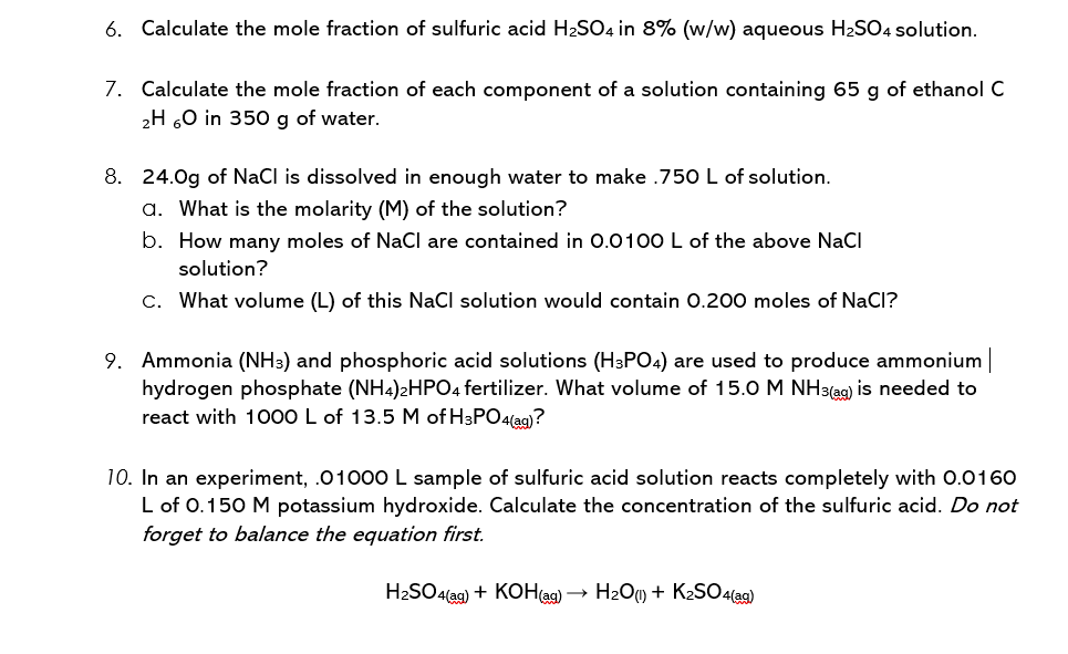 Solved 6. Calculate the mole fraction of sulfuric acid H2SO4 | Chegg.com
