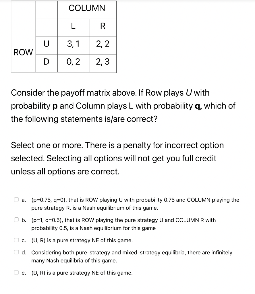 Solved Consider the payoff matrix above. If Row plays U with | Chegg.com