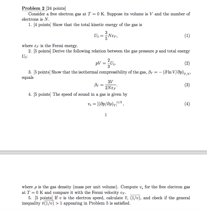 Solved Problem 2 (24 points) Consider a free electron gas at | Chegg.com