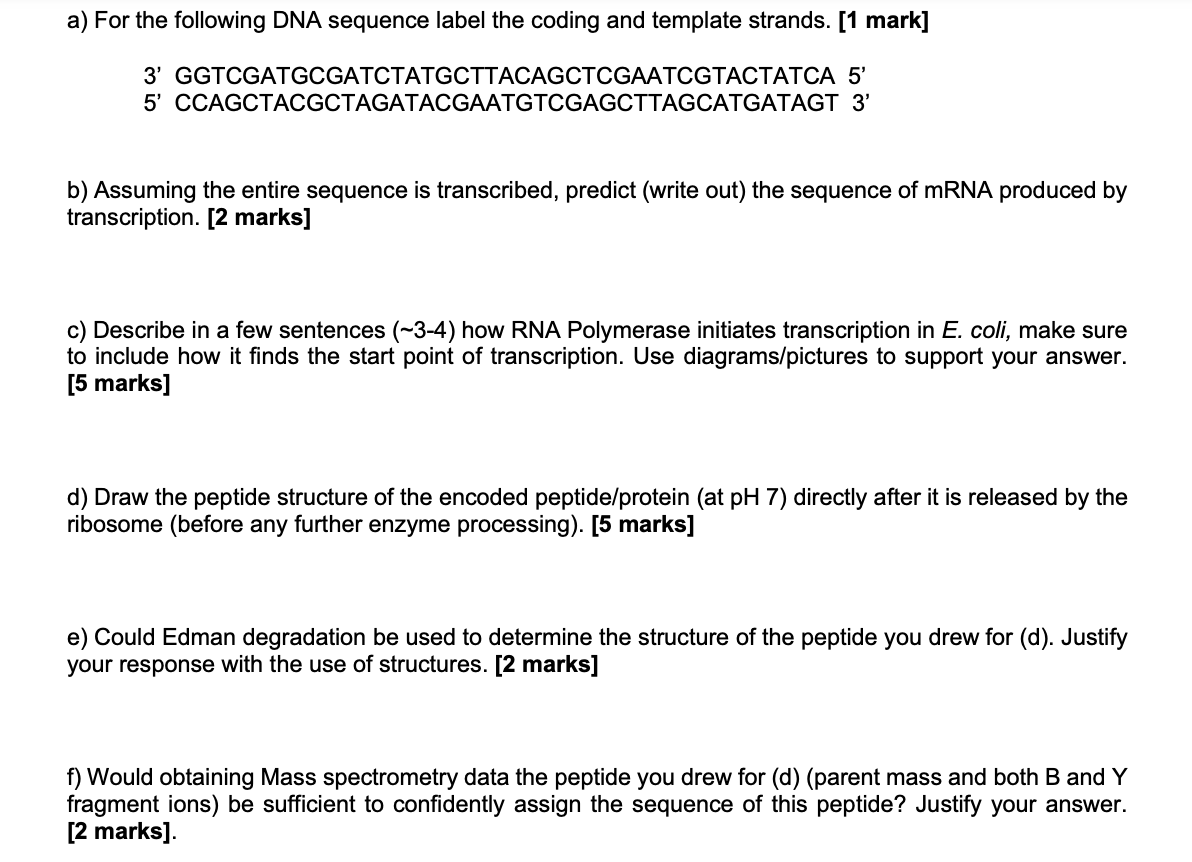 Solved a) For the following DNA sequence label the coding | Chegg.com