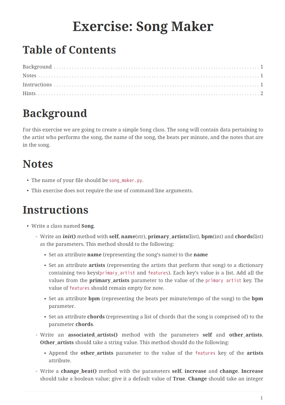Solved Exercise: Song Maker Table of Contents Background | Chegg.com