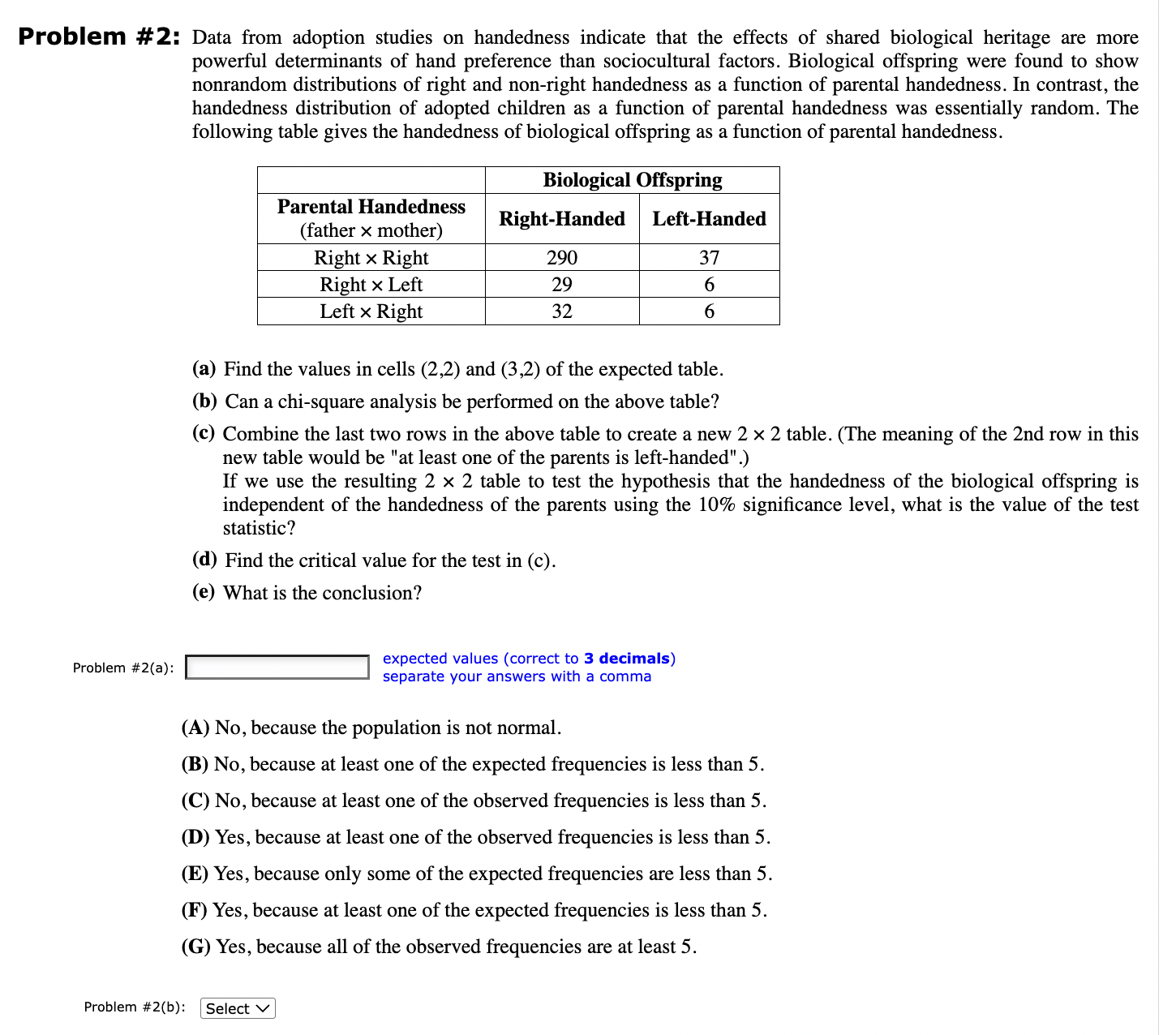 Solved Problem \#2: Data from adoption studies on handedness | Chegg.com