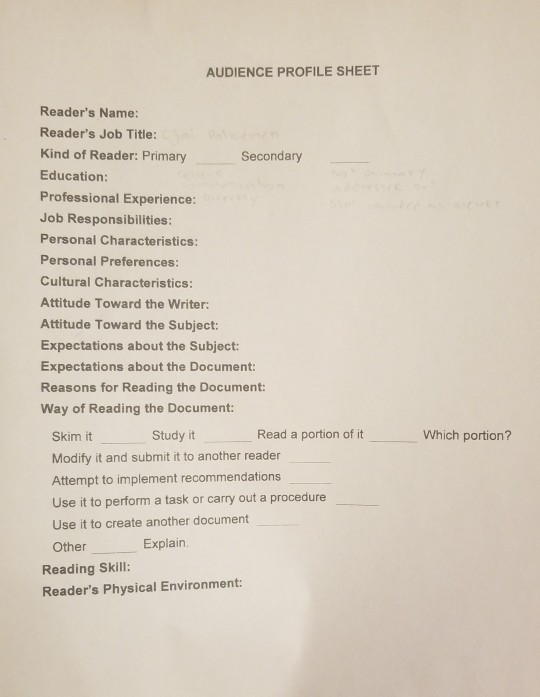 Solved AUDIENCE PROFILE SHEET Reader's Name: Reader's Job | Chegg.com