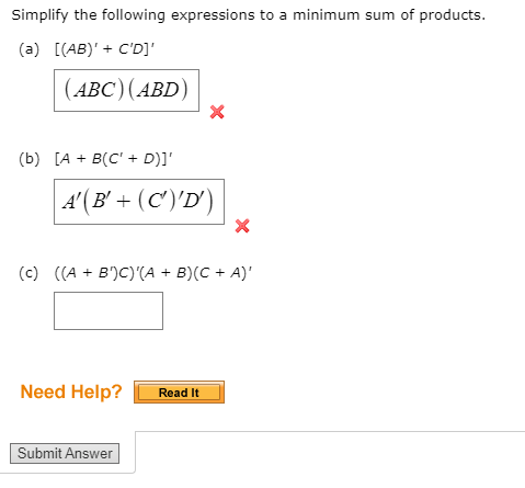 Solved Simplify the following expressions to a minimum sum | Chegg.com