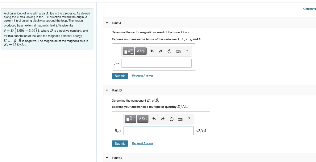Solved Constants Part A A circular loop of wire with area A | Chegg.com