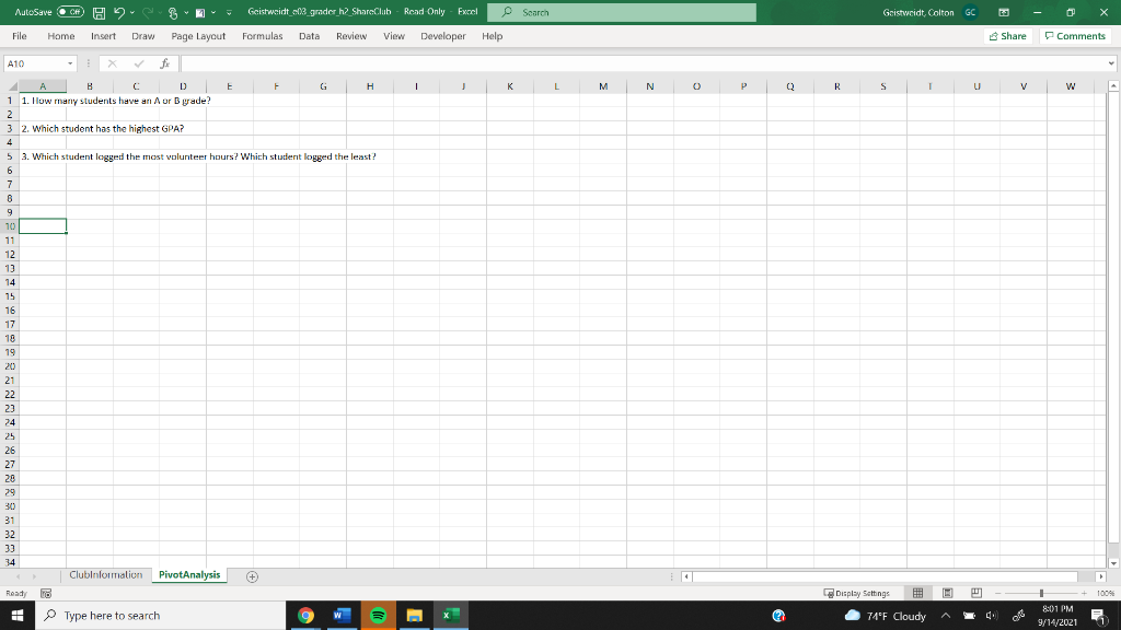 Solved 9 Using the data in the table, insert a PivotTable | Chegg.com