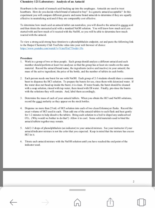 Chemistry 121 Laboratory: Analysis of an Antacid | Chegg.com