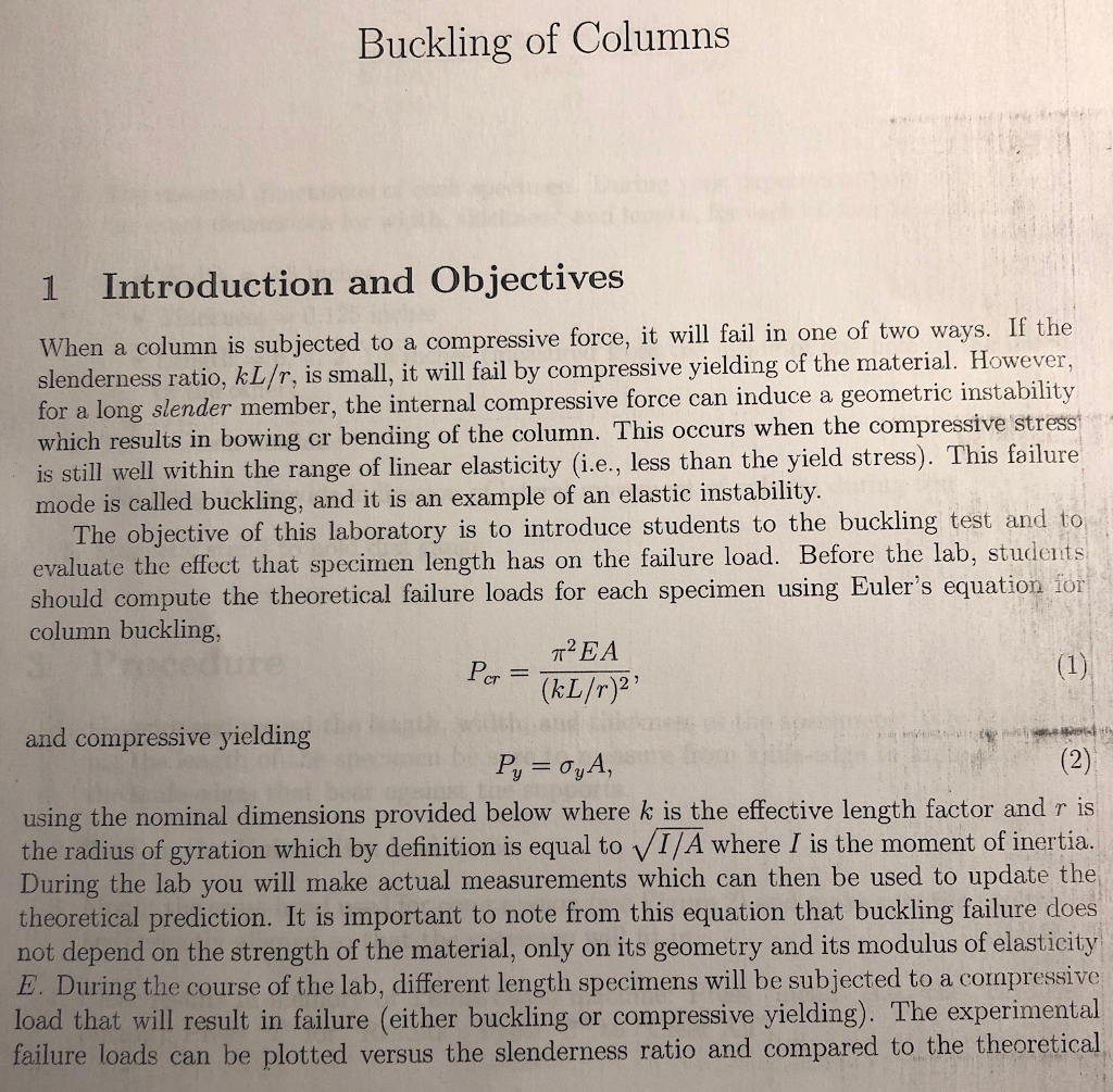 Solved Buckling of Columns 1 Introduction and Objectives one | Chegg.com