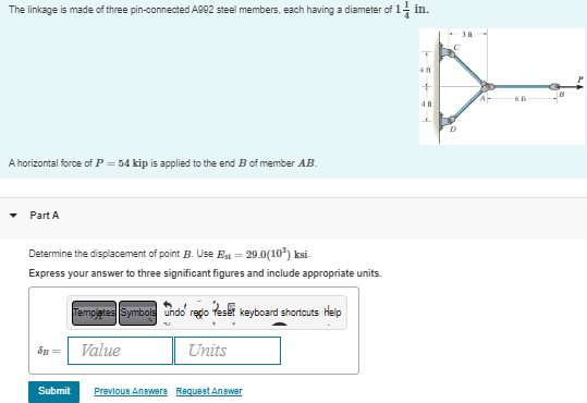 Solved A horizontal force of P=54 kip is applied to the end | Chegg.com