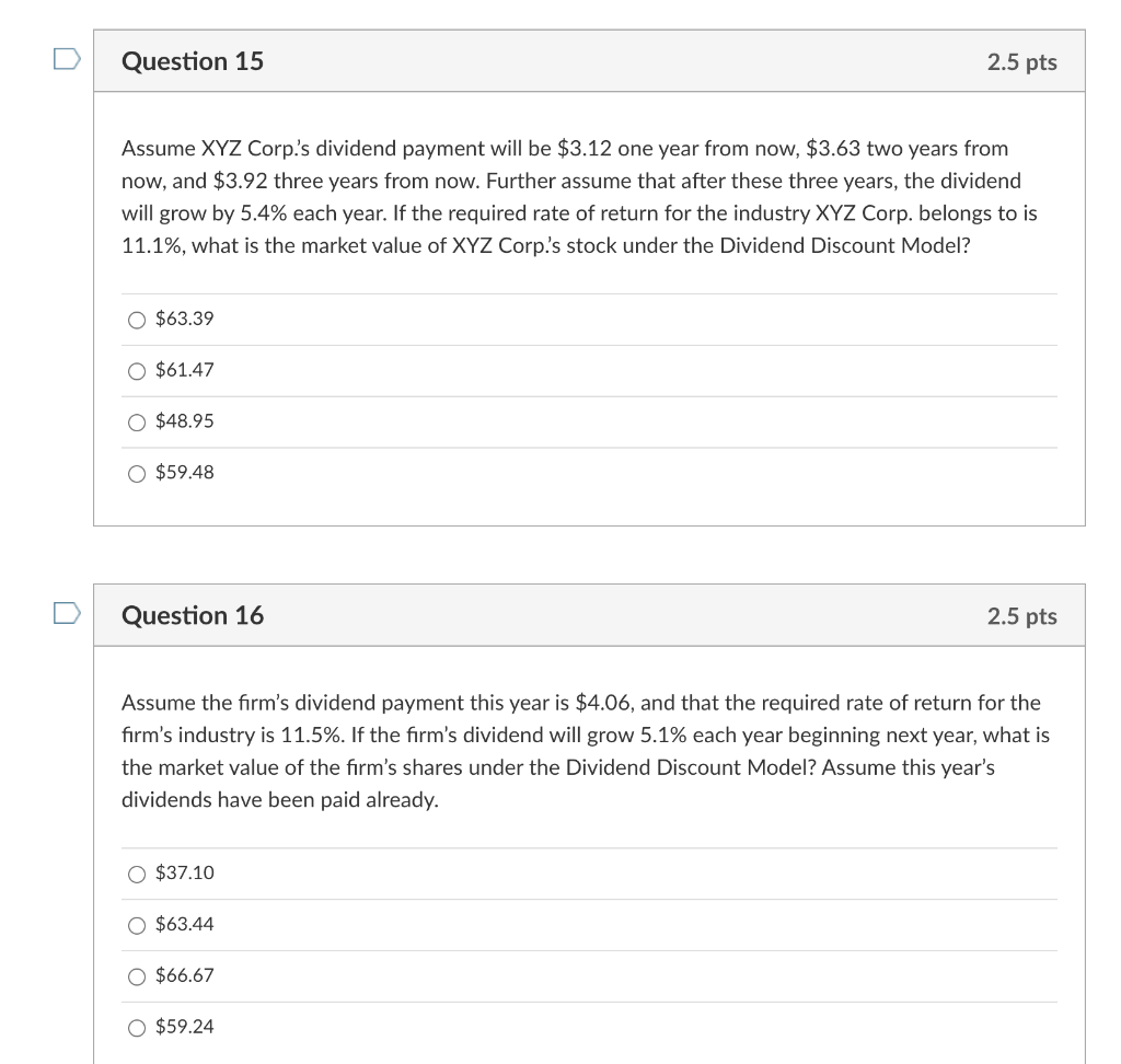 Solved Assume XYZ Corp.'s dividend payment will be $3.12 one | Chegg.com