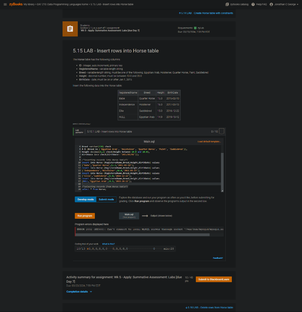 Solved 5.15 LAB - Insert rows into Horse table Ihe Horse | Chegg.com