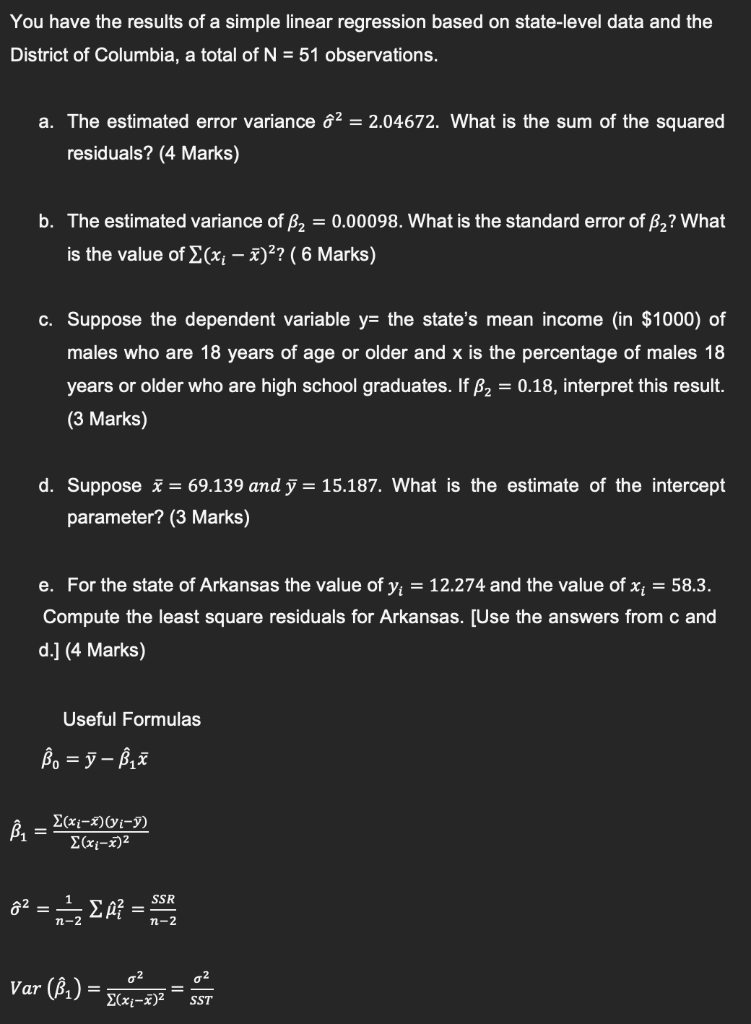Solved You have the results of a simple linear regression | Chegg.com