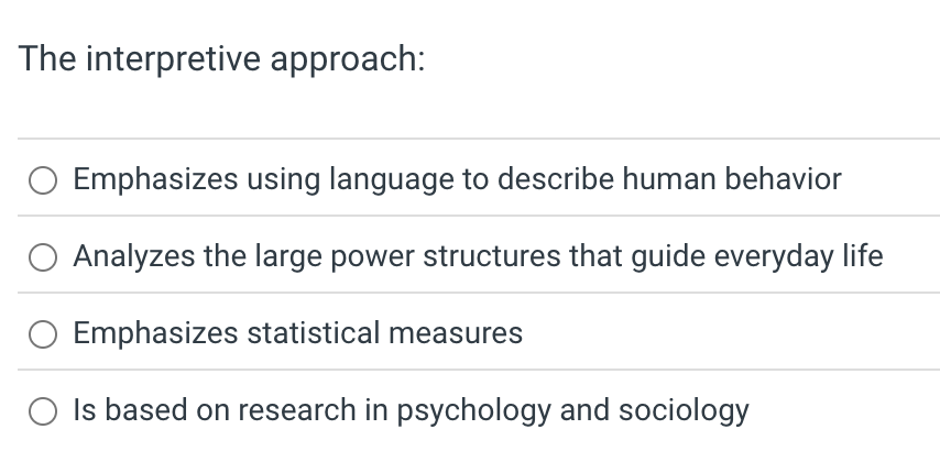 Solved The interpretive approach:Emphasizes using language | Chegg.com