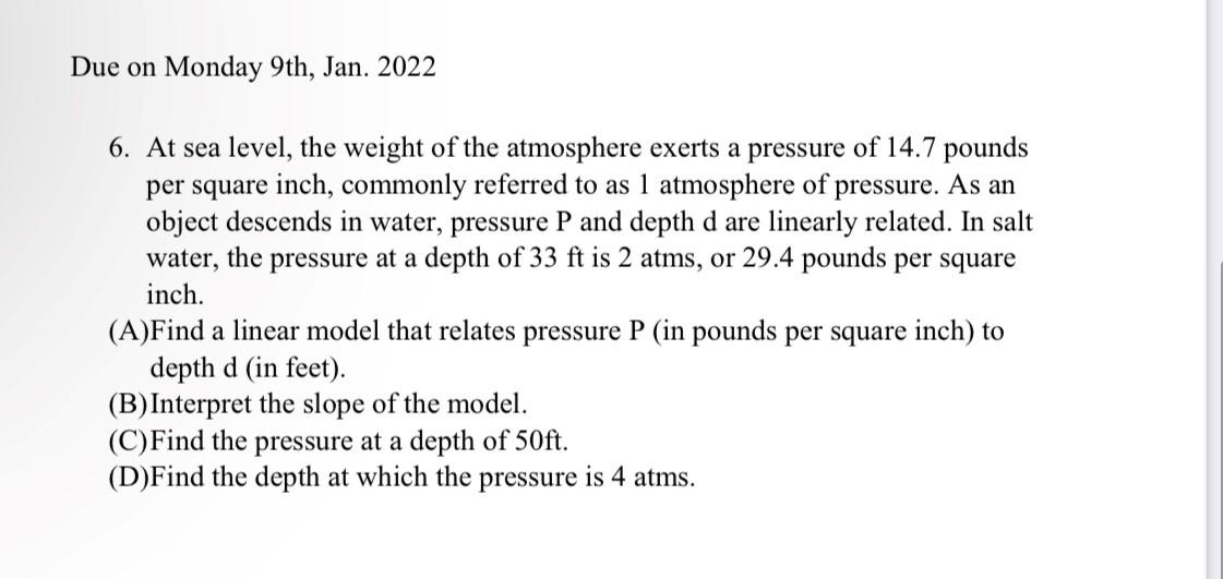 Solved Due on Monday 9th, Jan. 2022 6. At sea level, the | Chegg.com
