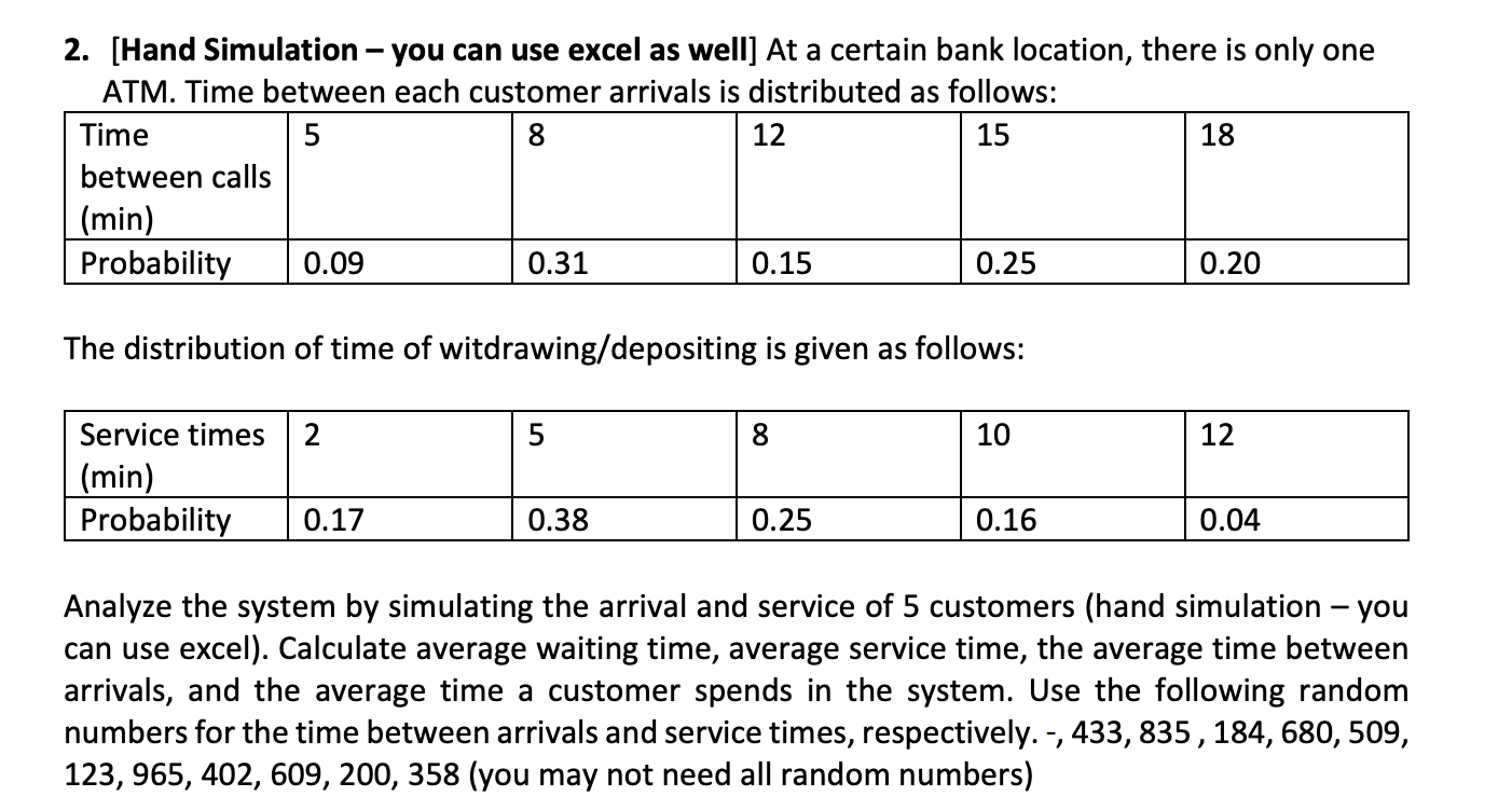 Solved 2. [Hand Simulation - you can use excel as well] At a | Chegg.com