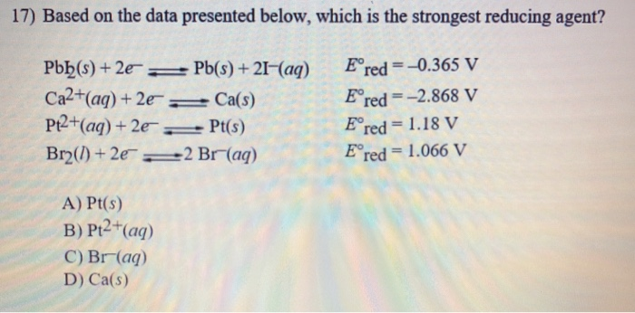 Solved 17) Based on the data presented below, which is the | Chegg.com