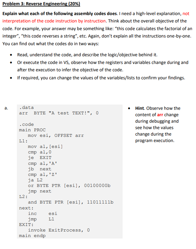 Problem 3: Reverse Engineering (20%) Explain what | Chegg.com