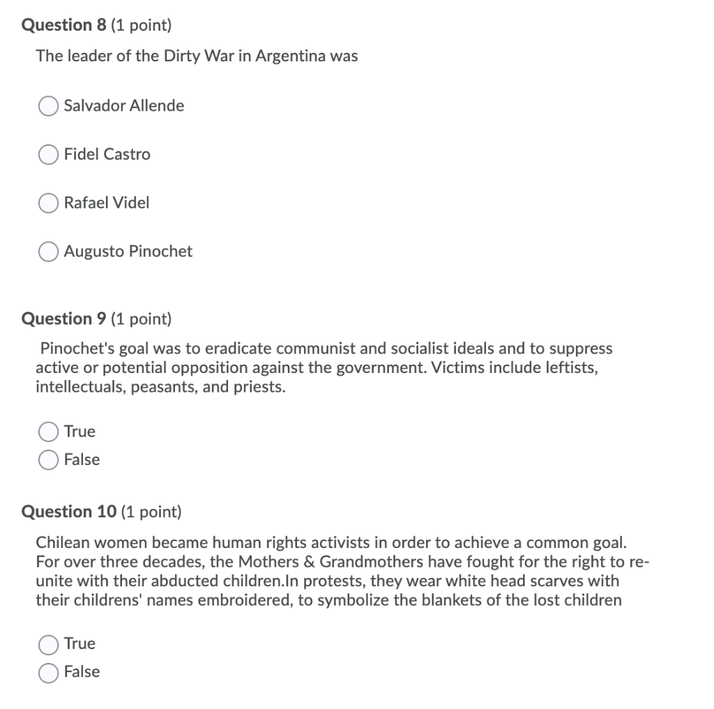 Solved Question 8 (1 point) The leader of the Dirty War in | Chegg.com