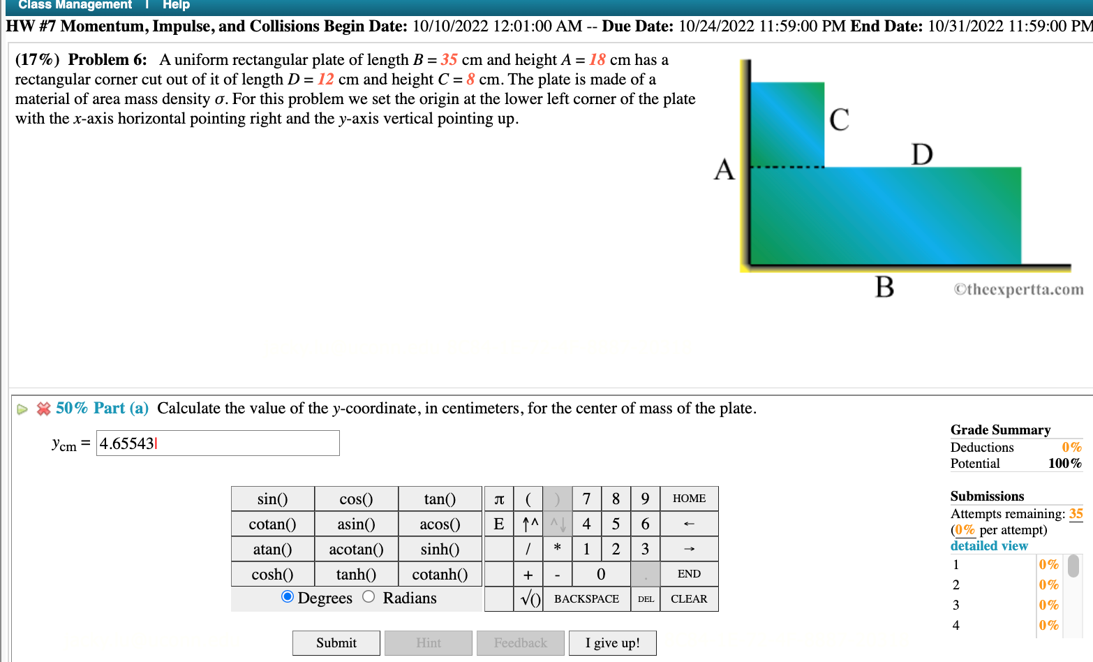 (17\%) Problem 6: A uniform rectangular plate of | Chegg.com