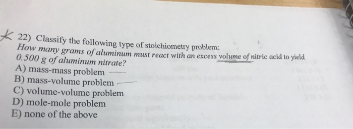 Solved 22) Classify the following type of stoichiometry | Chegg.com