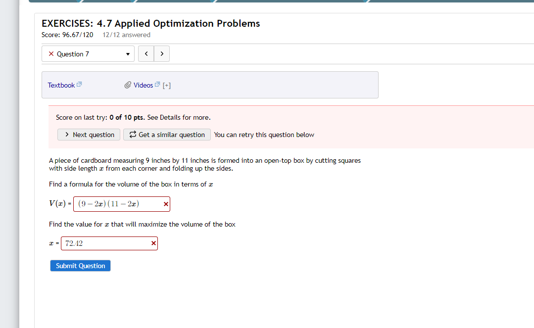 Solved EXERCISES: 4.7 Applied Optimization Problems Score: | Chegg.com