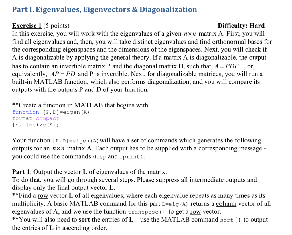 Part I. Eigenvalues, Eigenvectors & Diagonalization | Chegg.com