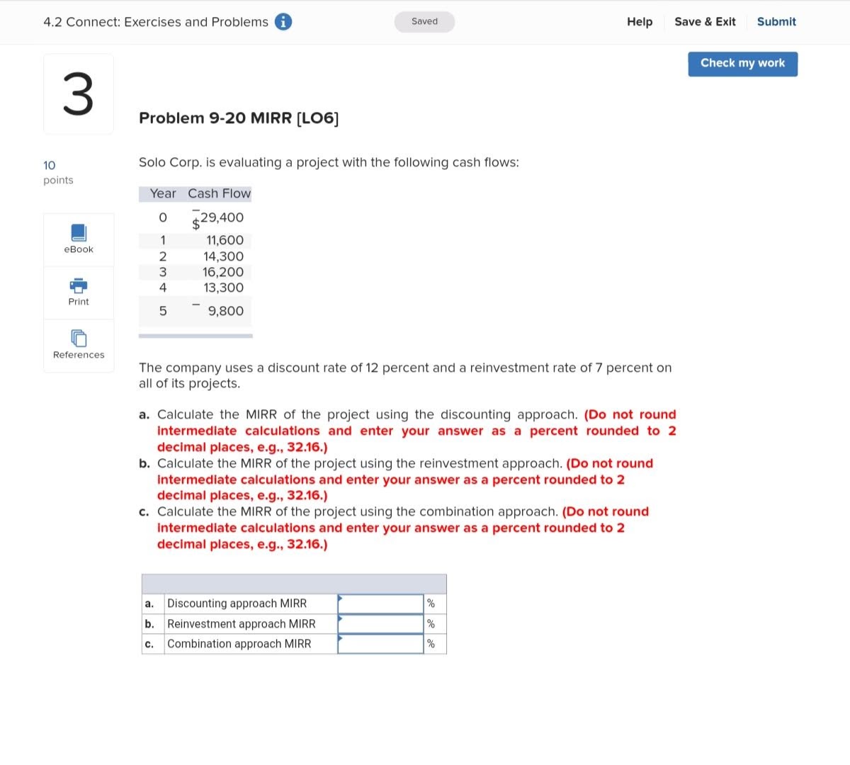 Solved Problem 9-20 ﻿MIRR [LO6]Solo Corp. is evaluating a | Chegg.com