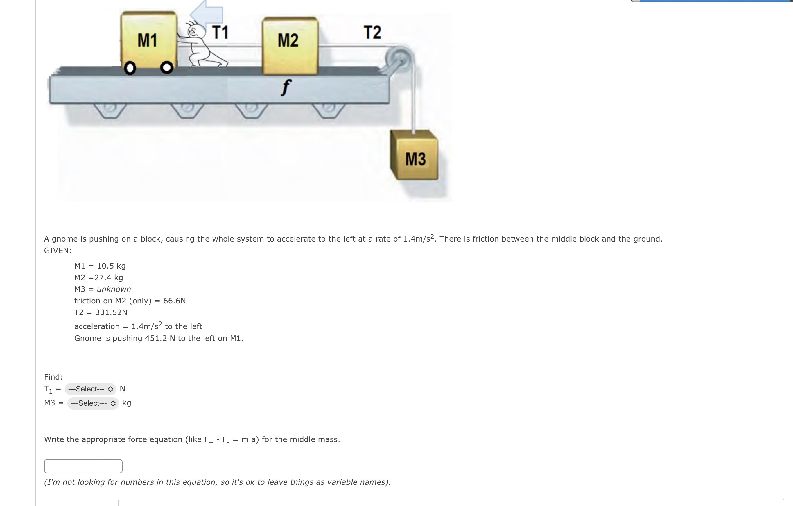 Solved A gnome is pushing on a block, causing the whole | Chegg.com