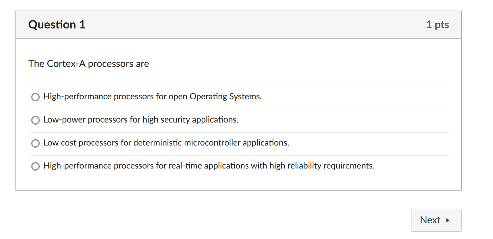 Solved Question 1 1 pts The Cortex-A processors are | Chegg.com