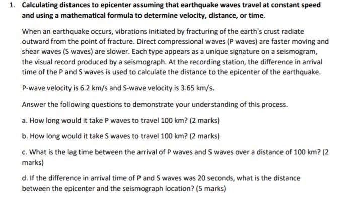 Solved 1. Calculating distances to epicenter assuming that | Chegg.com