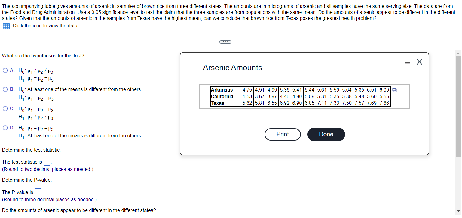 Solved The accompanying table gives amounts of arsenic in | Chegg.com