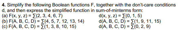 Solved Simplify the following Boolean functions F, ﻿together | Chegg.com