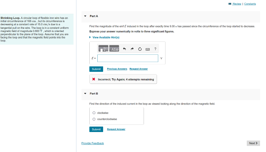 Solved u Review Constants Part A Shrinking Loop. A circular | Chegg.com