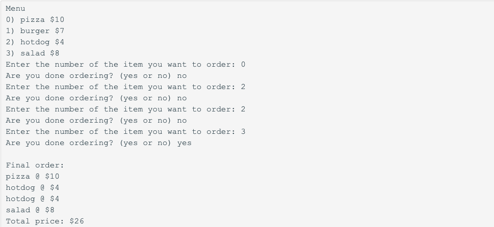 Solved Programming Assignment #3: Ordering from a menu ***in | Chegg.com