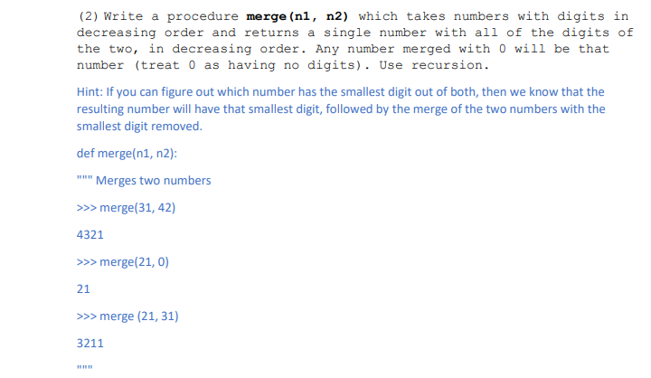 Solved (2) Write a procedure merge (ni, n2) which takes | Chegg.com
