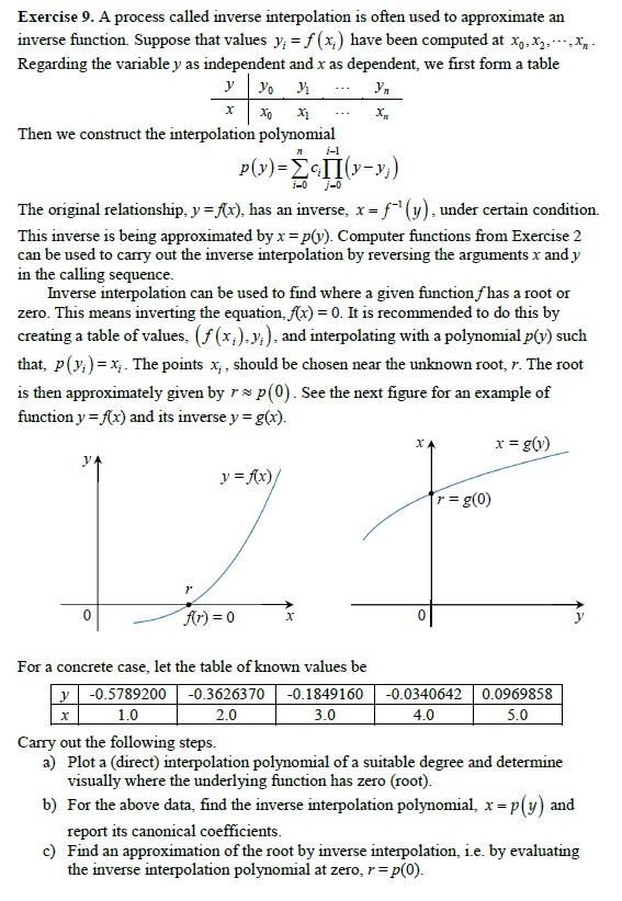 Exercise 9. A process called inverse interpolation is | Chegg.com