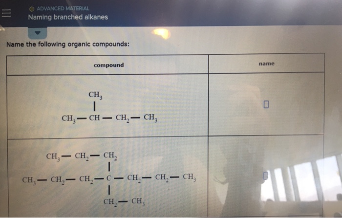 Solved O ADVANCED MATERIAL Naming branched alkanes Name the | Chegg.com