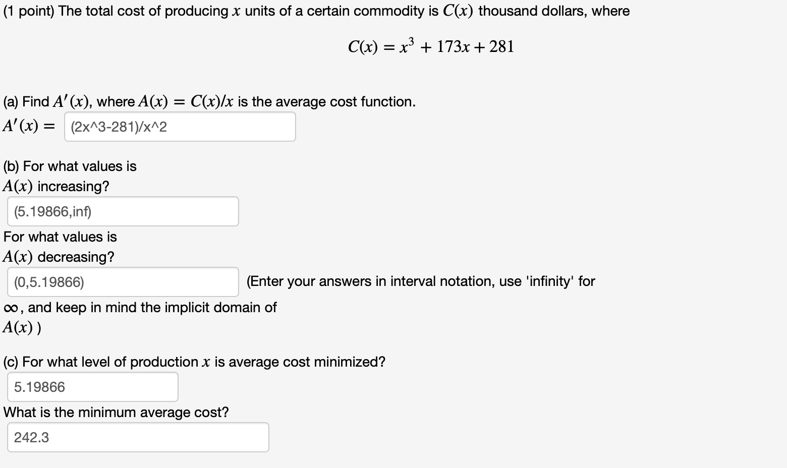 Solved C(x)=x3+173x+281 (a) Find A′(x), where A(x)=C(x)/x is | Chegg.com