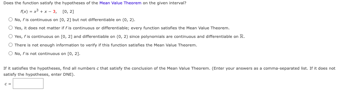 Solved Does the function satisfy the hypotheses of the Mean | Chegg.com