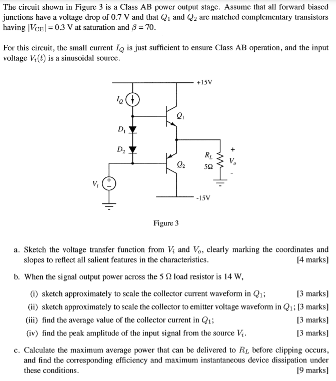 Solved The circuit shown in Figure 3 is a Class AB power | Chegg.com