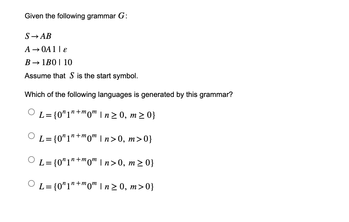 Solved Given the following grammar G : S→ABA→0A1∣εB→1B0∣10 | Chegg.com