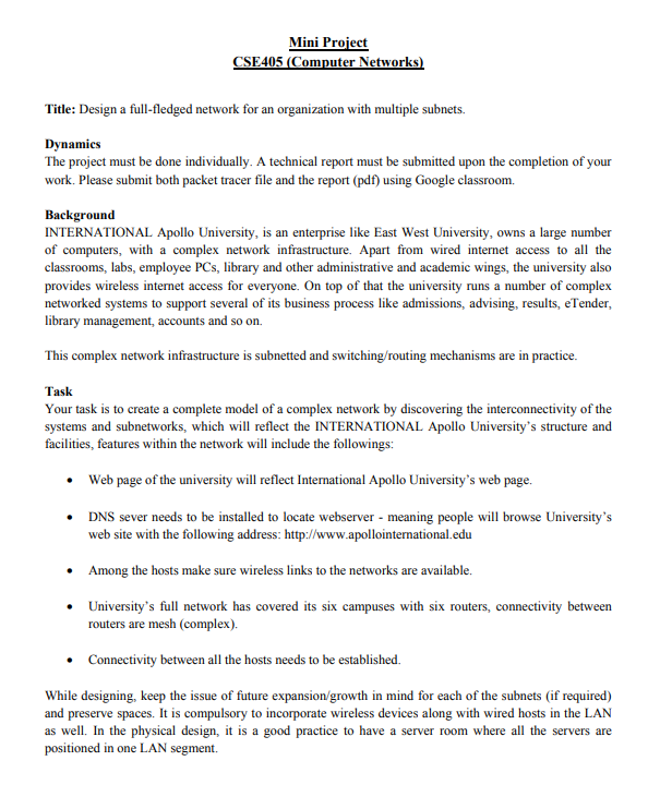 Mini Project CSE405 (Computer Networks) Title: Design | Chegg.com
