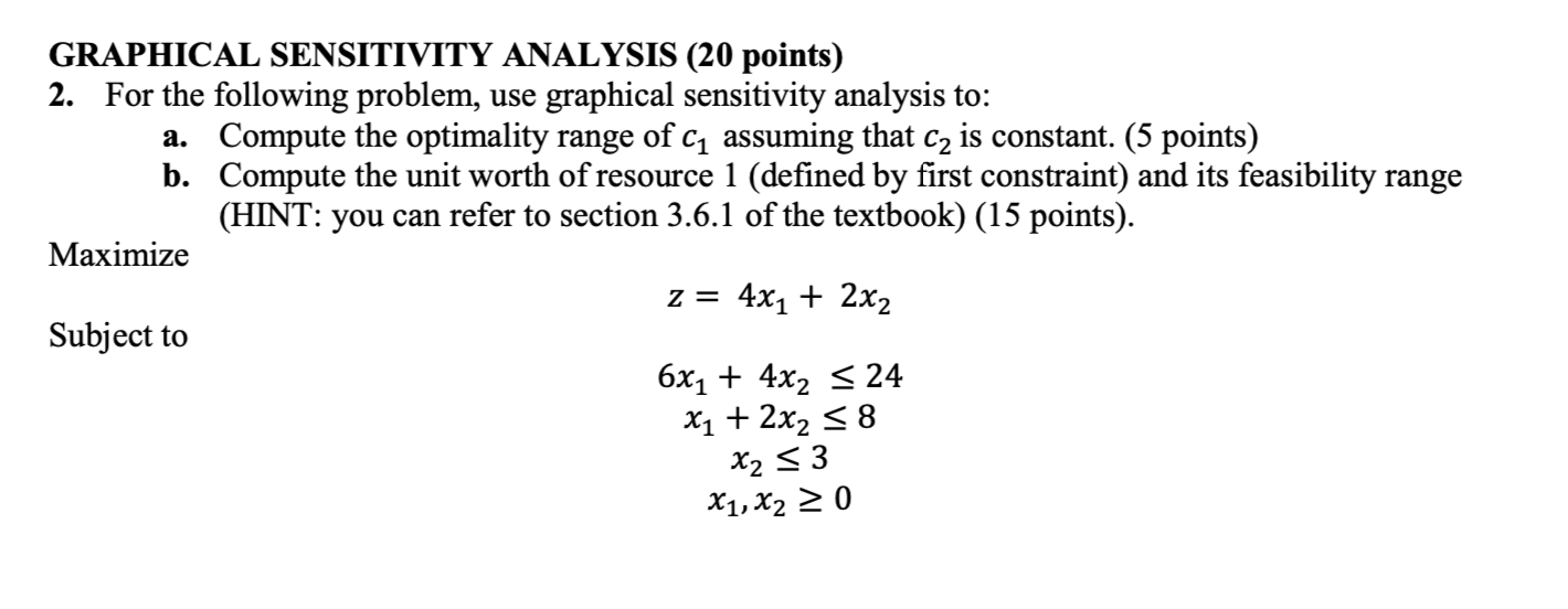 Solved GRAPHICAL SENSITIVITY ANALYSIS (20 points) 2. For the | Chegg.com
