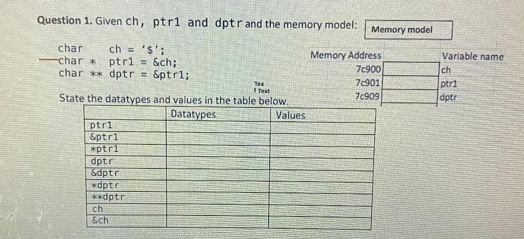 Solved Question 1. Given ch, ptr1 and dptr and the memory | Chegg.com