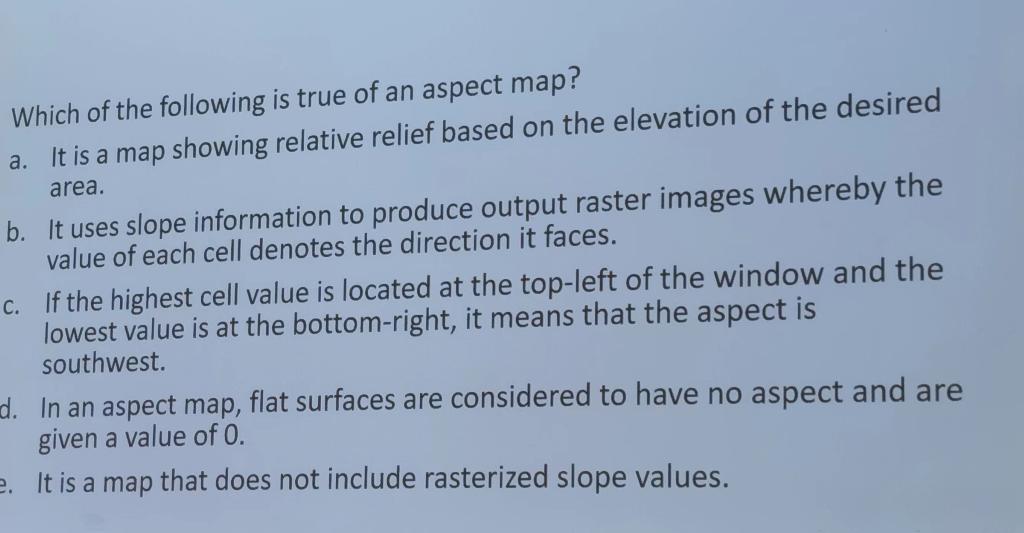 Solved Which of the following is true of an aspect map? a. | Chegg.com