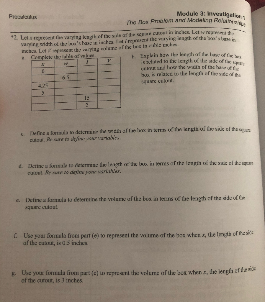 Precalculus Module 3: Investigation The Box Problem | Chegg.com